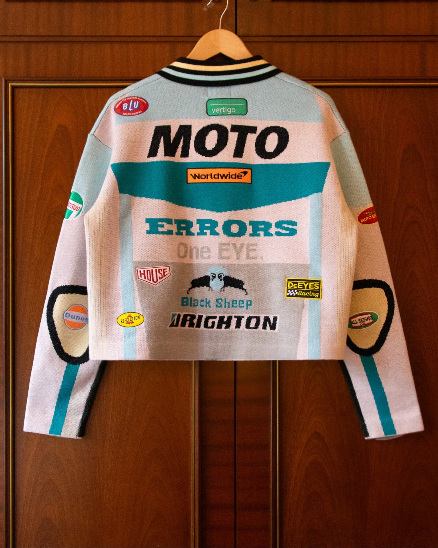 KNITTED MOTO JACKET IN NEPTUNE – HOUSE OF ERRORS